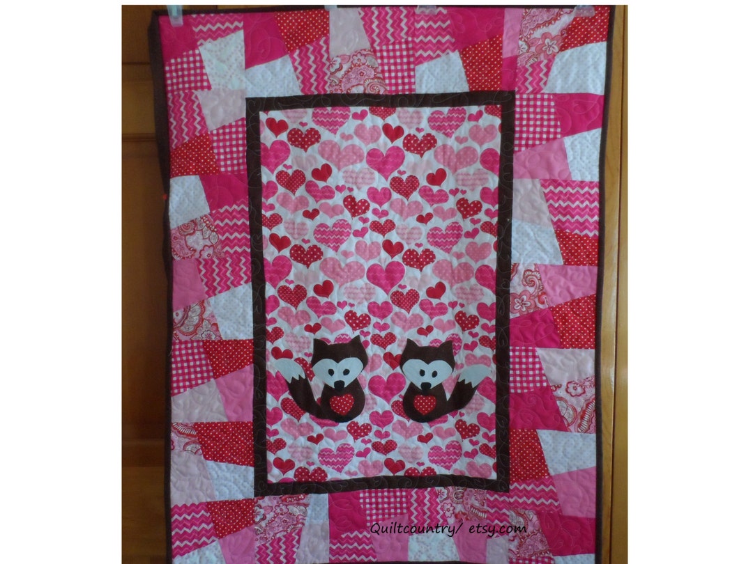 Handmade Valentine Baby Quilt, Patchwork Border and Appliqued Fox ...