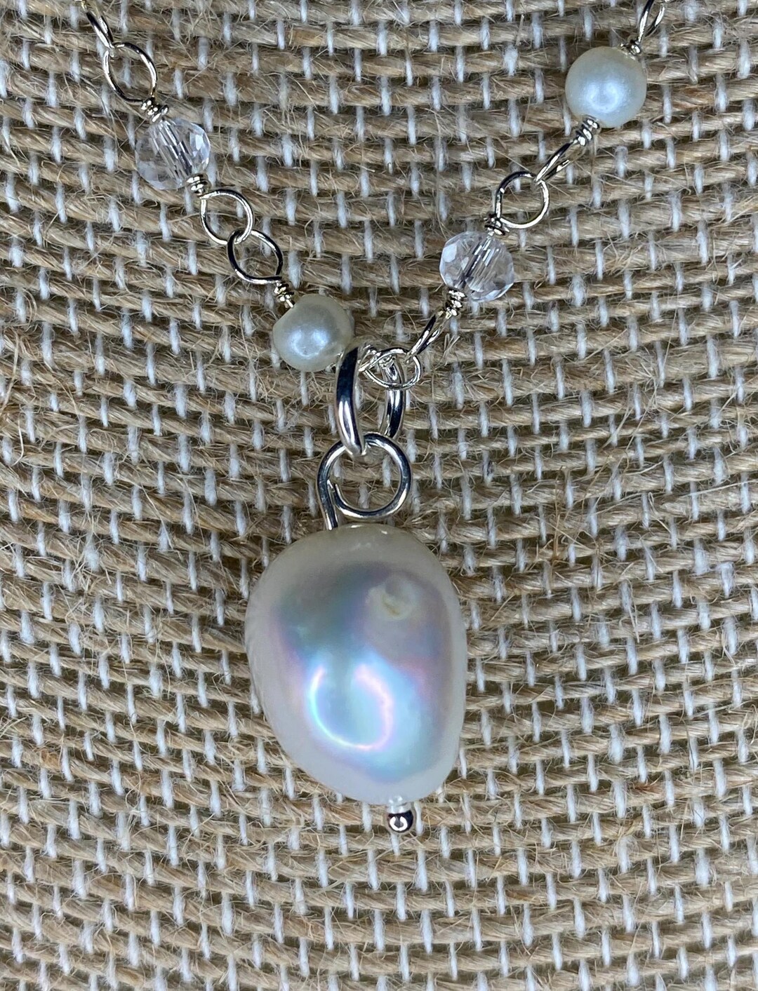 White Pearl Dangle on Rosary Chain Pendant Minimalist Layering Necklace ...