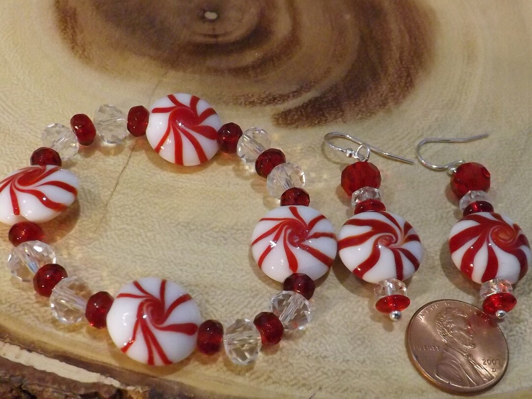 Christmas Jewelry, Red and White Holiday Peppermint Candy Glass Earrings and Bracelet, Handmade ...