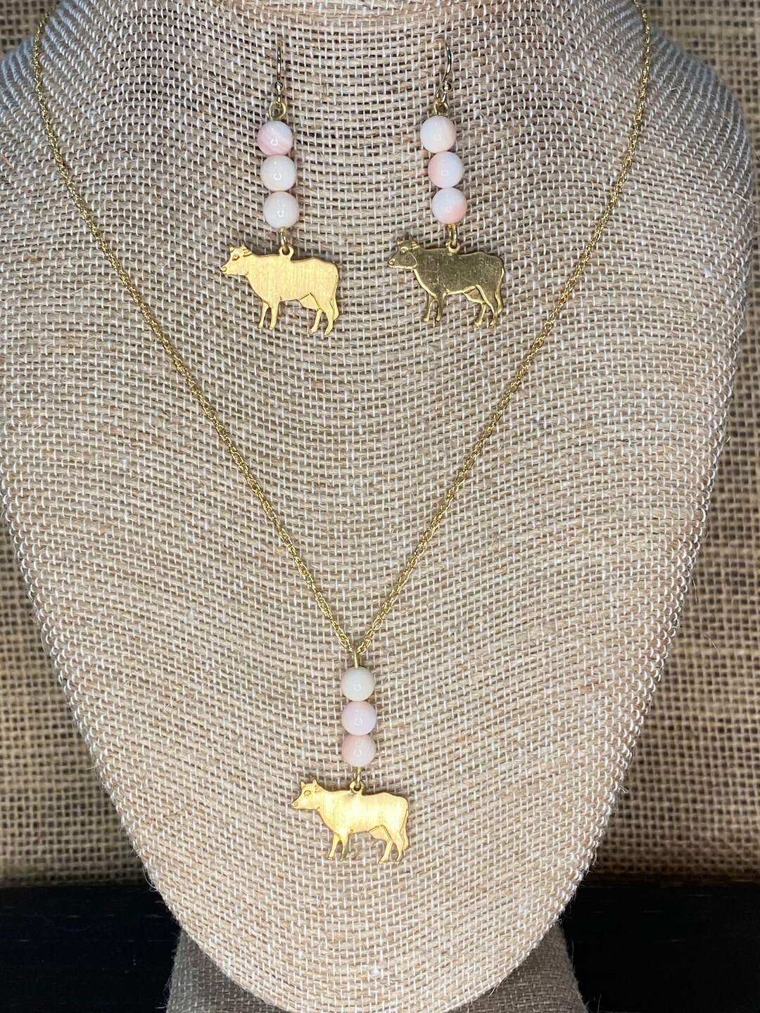 Gold Brass Cow Necklace and Earrings for Women, Pink Peruvian Opal ...