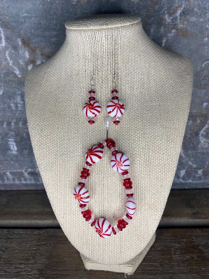 Christmas Jewelry, Red and White Holiday Peppermint Candy Glass Earrings and Bracelet, Handmade ...