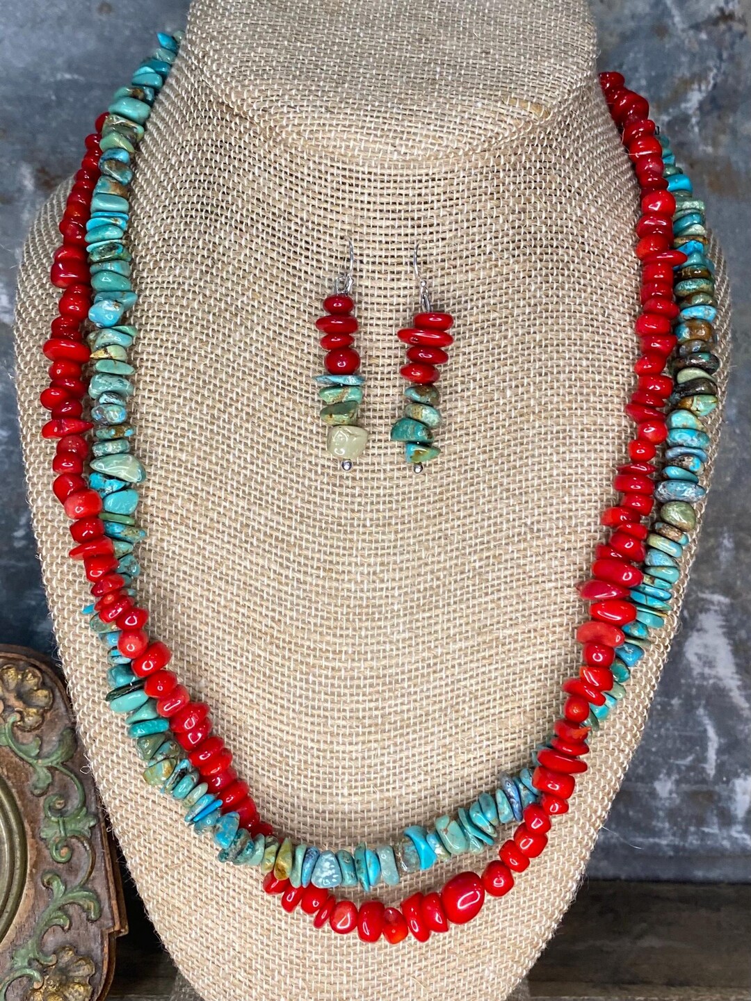 Genuine Turquoise and Red Coral Pebbles Necklace and Earrings for Women ...