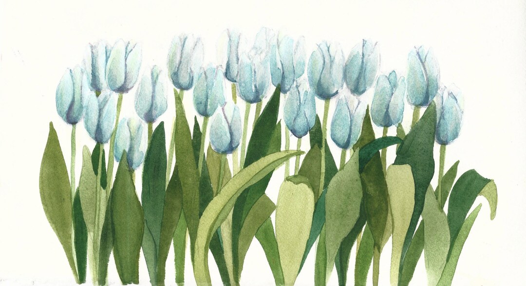 Blue Tulip Row Original Watercolor Garden Painting - Etsy