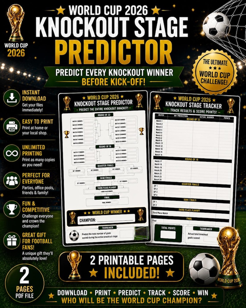 World Cup 2026 Knockout Predictor Bracket, Football Challenge Game (PDF ...