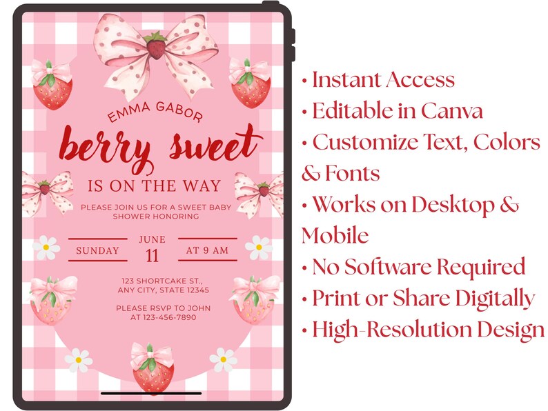 Strawberry Baby Shower Invitation | Berry Sweet Them | Editable Canva ...