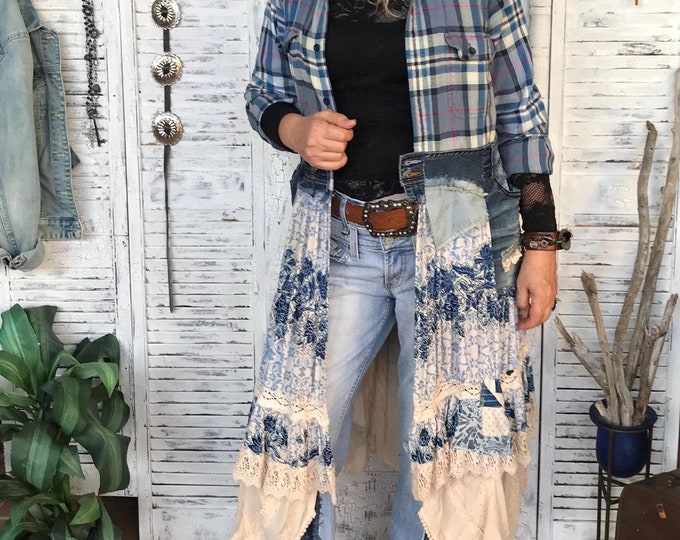 Blue Flannel Duster M, Boho, Cowgirl, Cottage, Midi Length, Blue and ...