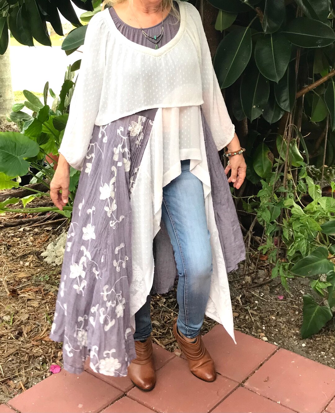 Lavender and White Kaftan Tunic M/L Long Tunic for Layering - Etsy