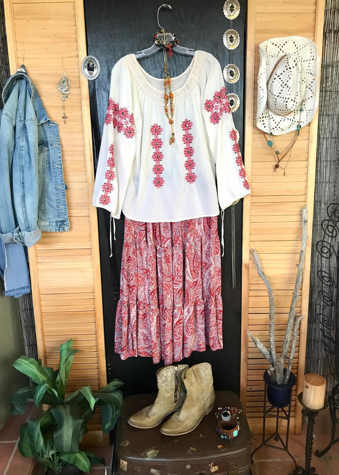 Folklore Top and Skirt M/L/XL, 2-piece, Peasant Top, Midi Tiered Skirt ...