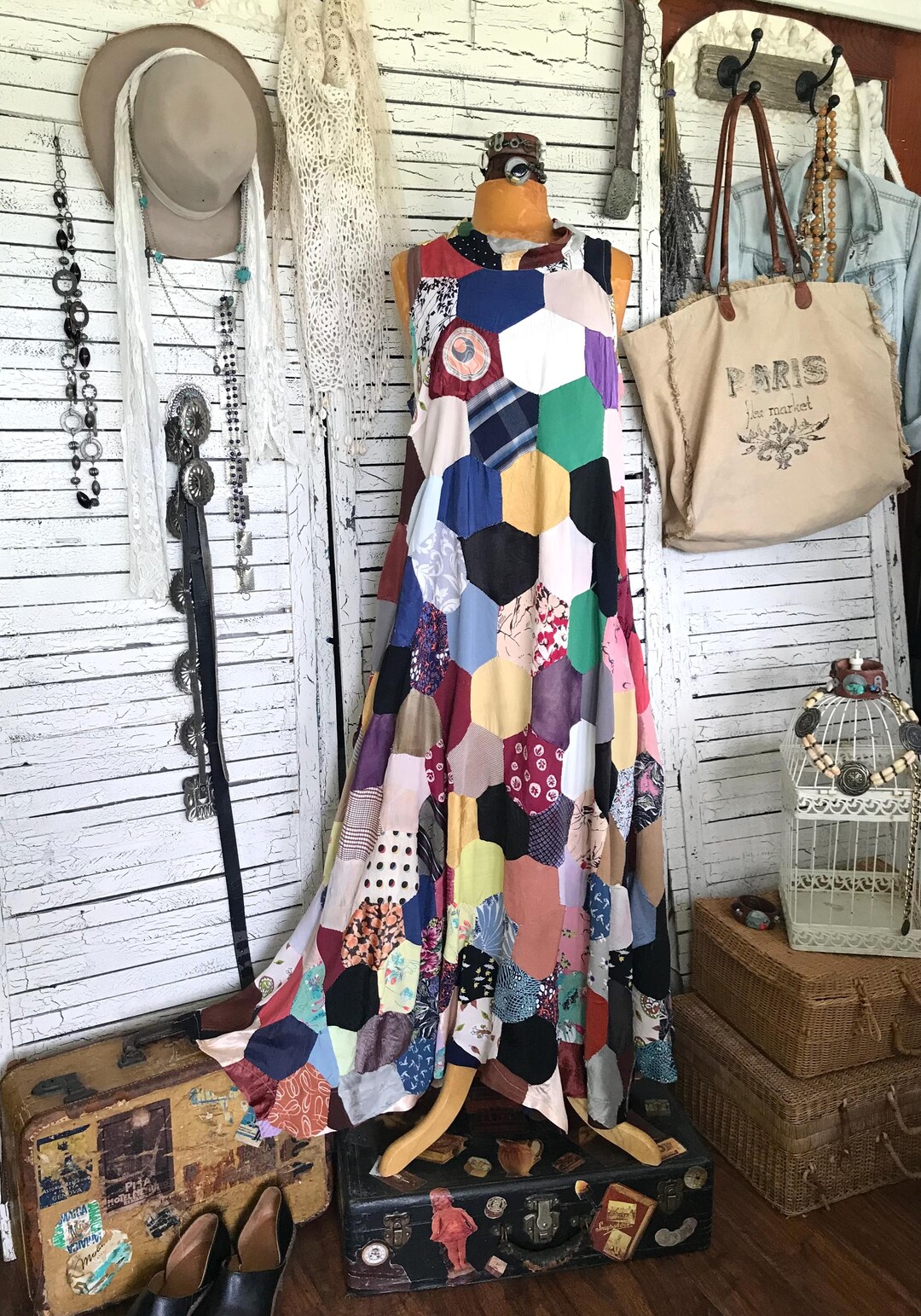 Vintage Quilt Dress L/XL, Long A-line Quilt Top Dress, Jewel Colors ...