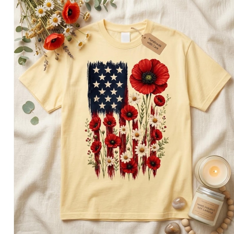 American Flag Wildflower Sublimation PNG, Vintage Red Poppy Daisy ...