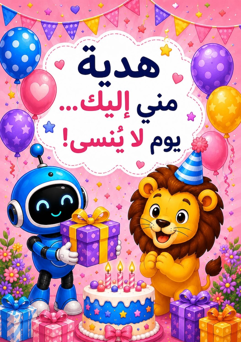 Arabic Birthday Card for Girls – Pink Robot & Lion Design (digital ...