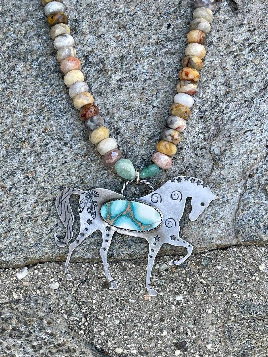 Prancing Horse and Turquoise Bird Beaded Leather Necklace - Etsy