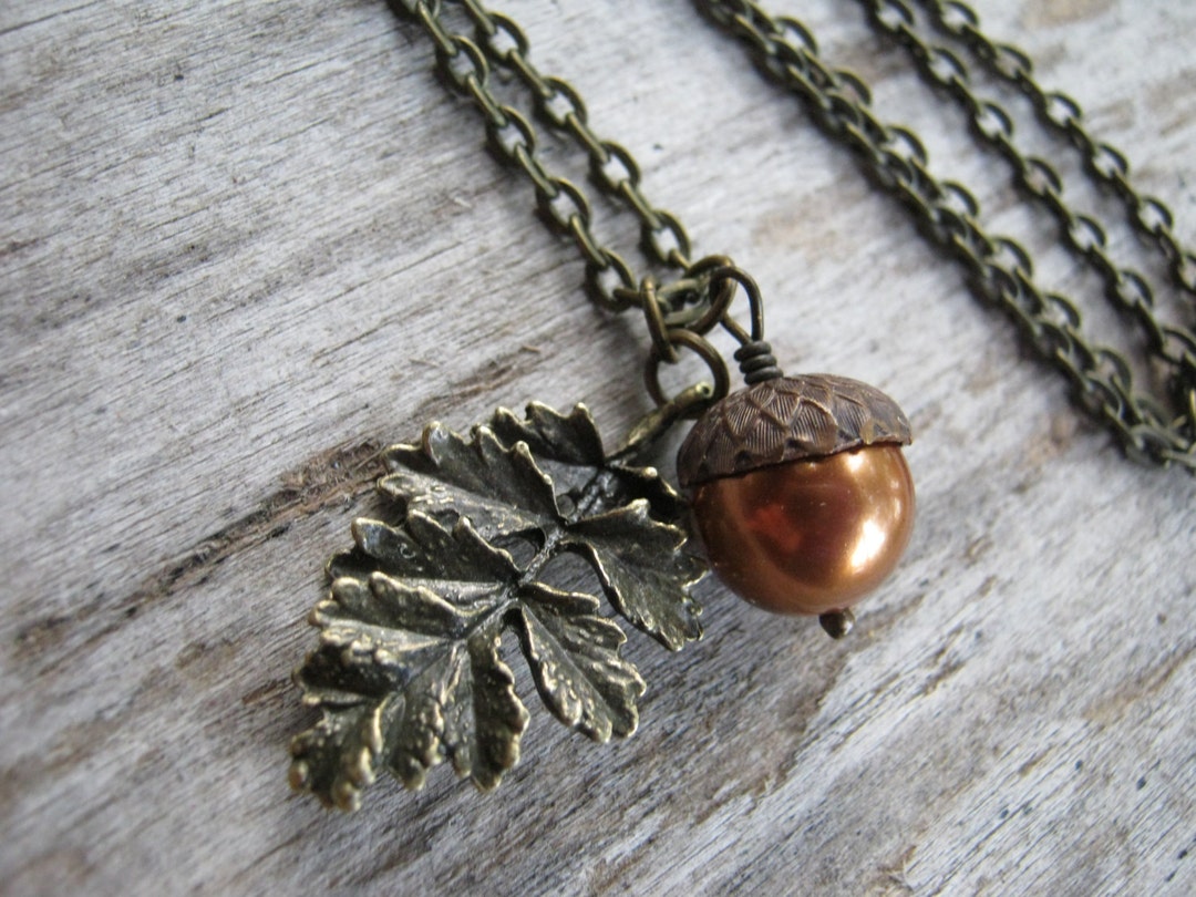 Personalized Acorn Necklace, Pearl Necklace, Antiqued Bronze Jewelry ...