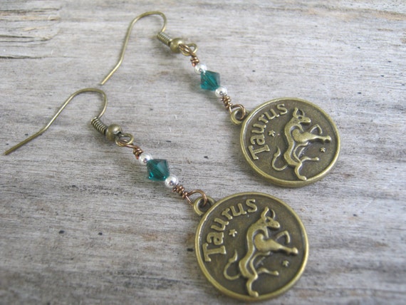 Personalized Taurus Earrings BRONZE Zodiac Earrings Emerald | Etsy