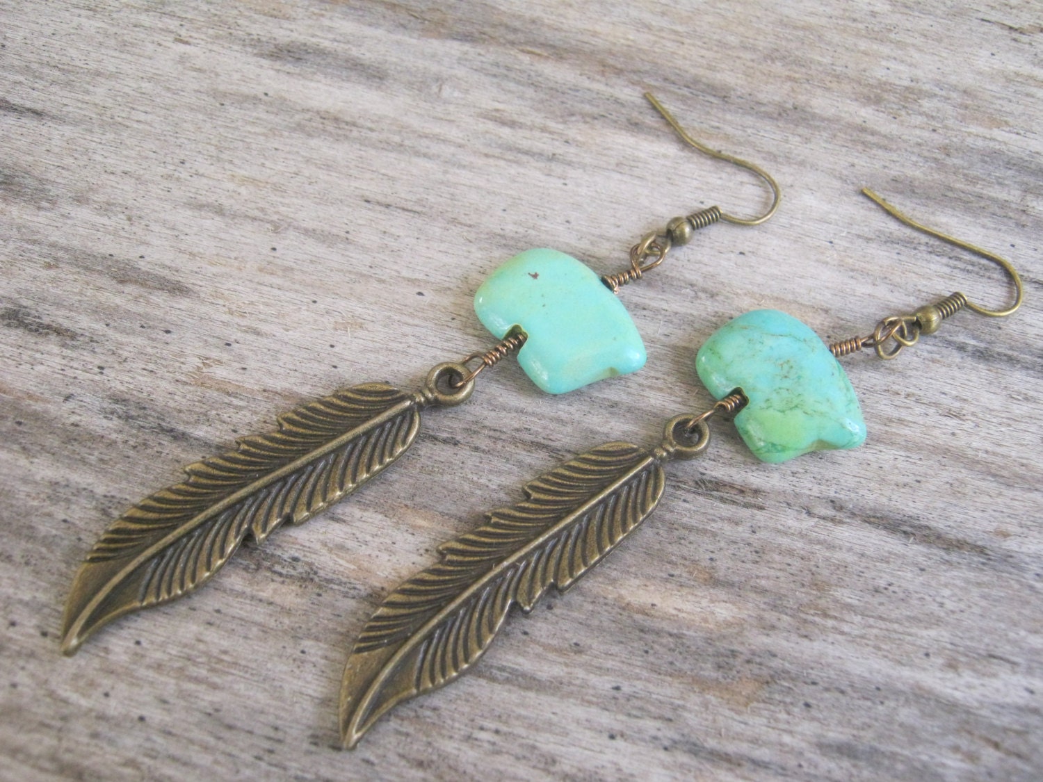 Feather Zuni Bear Earrings Turquoise Magnesite Earrings - Etsy
