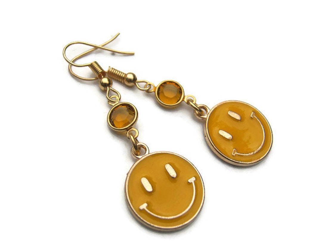 Smiley Face Birthstone Earrings, GOLD Tone Emoji Earrings, Enamel ...
