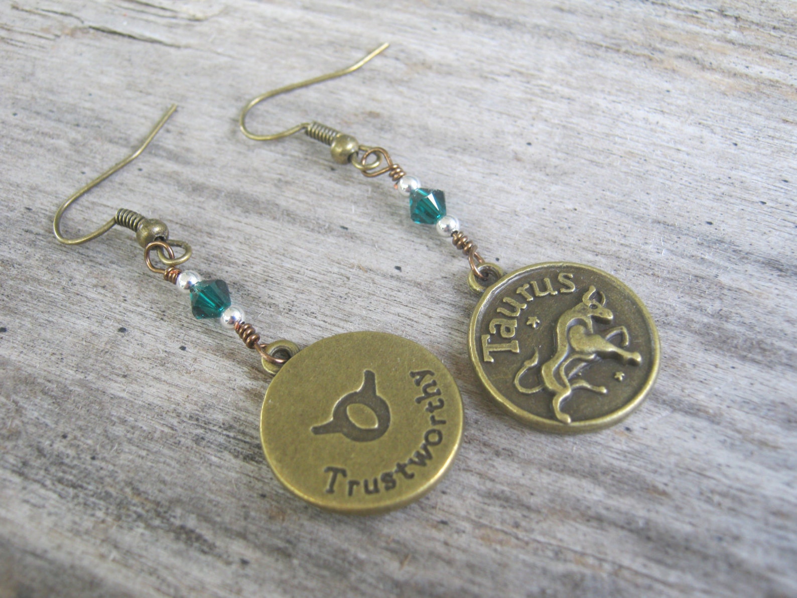 Personalized Taurus Earrings BRONZE Zodiac Earrings Emerald - Etsy