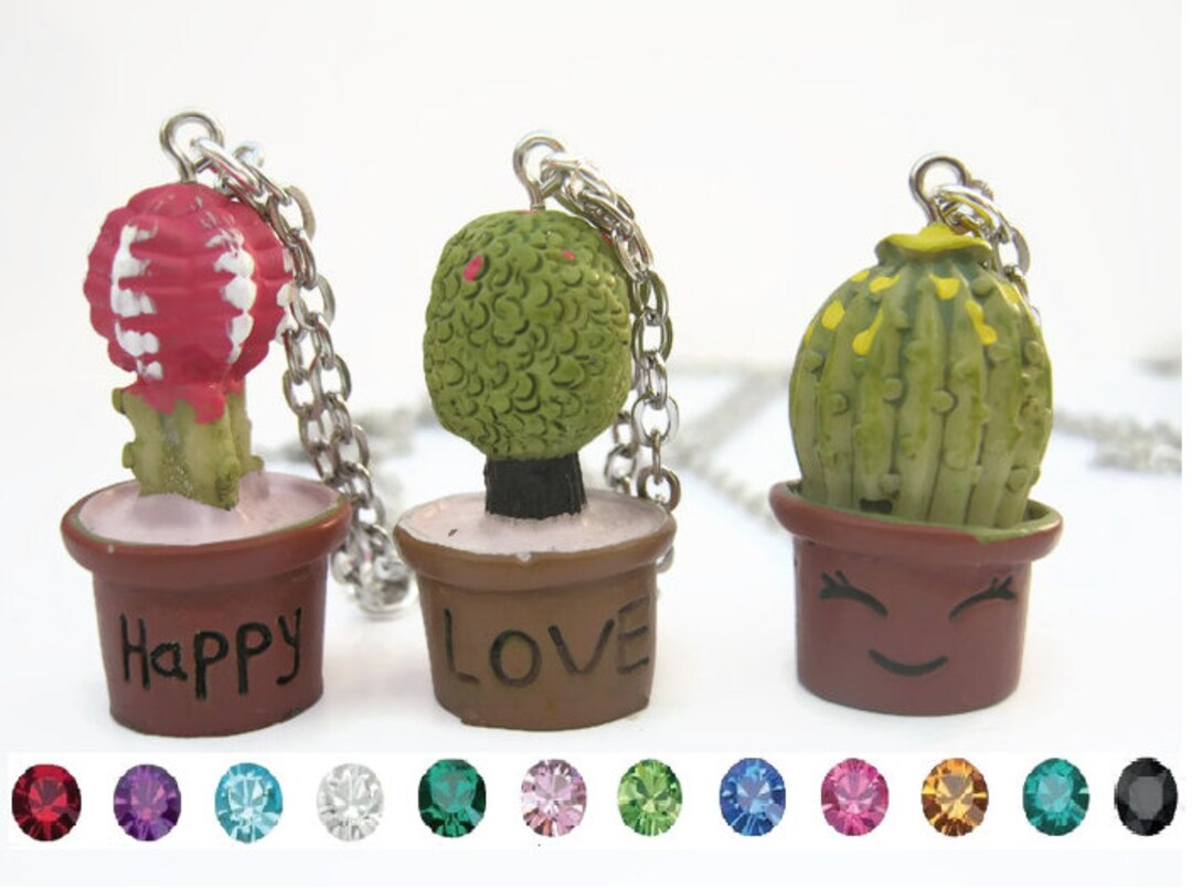 Happy Tree OR Cactus Necklace, Personalized Birthstone Jewelry, Kawaii ...