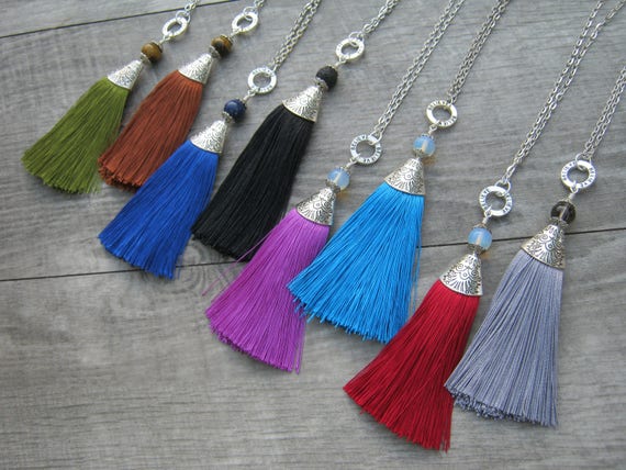 CHOOSE Your Silk Tassel Necklace LONG 4.5 Tassel Pendant Believe Tassel Gemstone Tassel Festival Boho Necklace Fiber Tassel Pendant Etsy