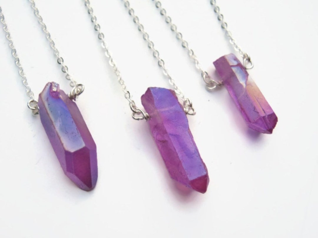 Purple Titanium Quartz Crystal Necklace, 20" 925 Sterling Silver ...