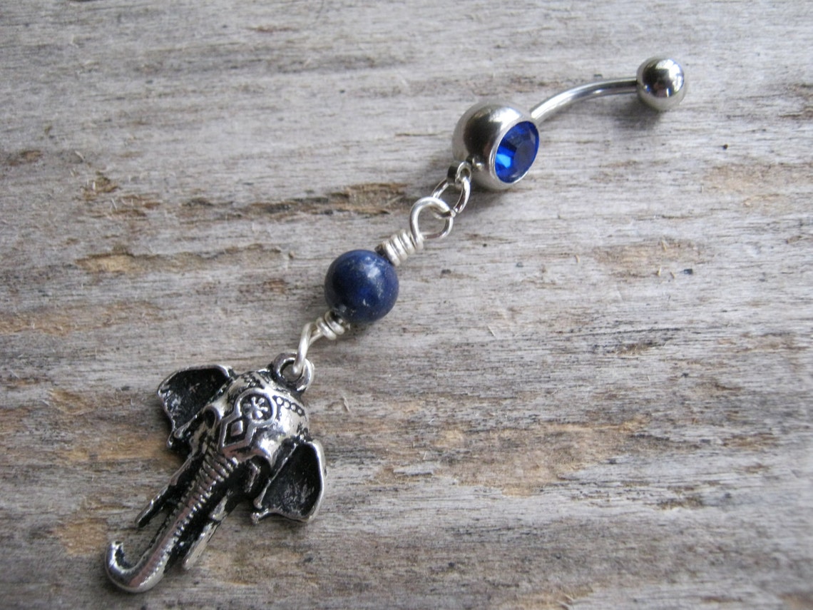 Elephant Lapis Belly Button Ring, Antiqued SILVER Body Jewelry, Lapis ...