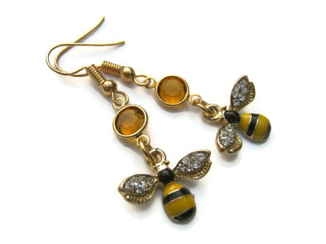 Enameled Bee Birthstone Earrings, GOLD Tone Queen Bee With Rhinestones ...