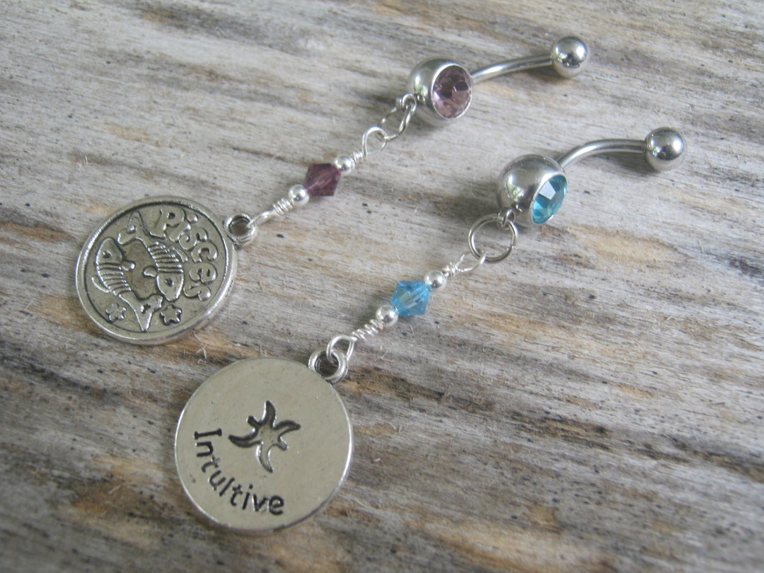Pisces Belly Ring, Zodiac Belly Button Jewelry, Personalized Birthstone ...