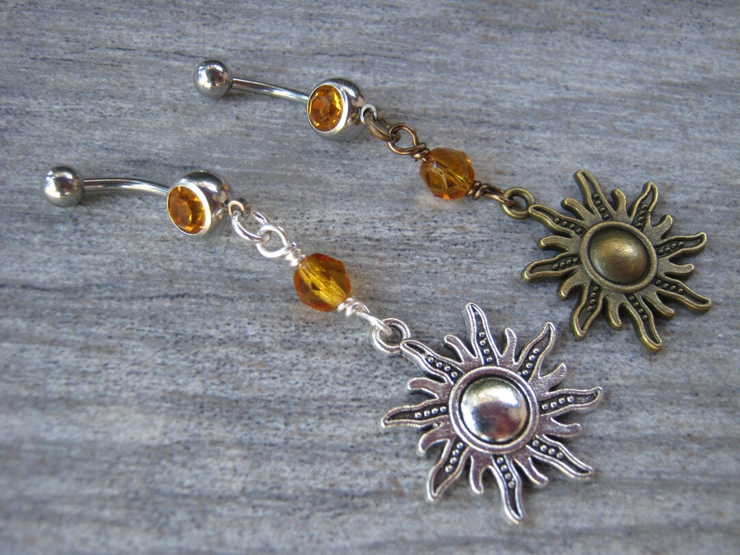Sun Burst Belly Ring, Antiqued SILVER or BRONZE, Topaz Czech Crystal ...