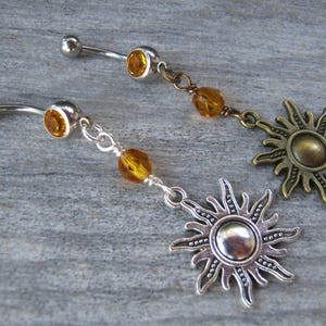 Sun Burst Belly Ring, Antiqued SILVER or BRONZE, Topaz Czech Crystal ...