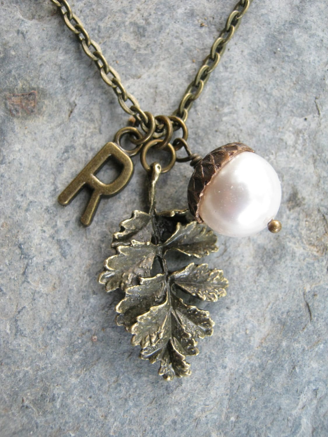Personalized Acorn Necklace, Pearl Necklace, Antiqued Bronze Jewelry ...