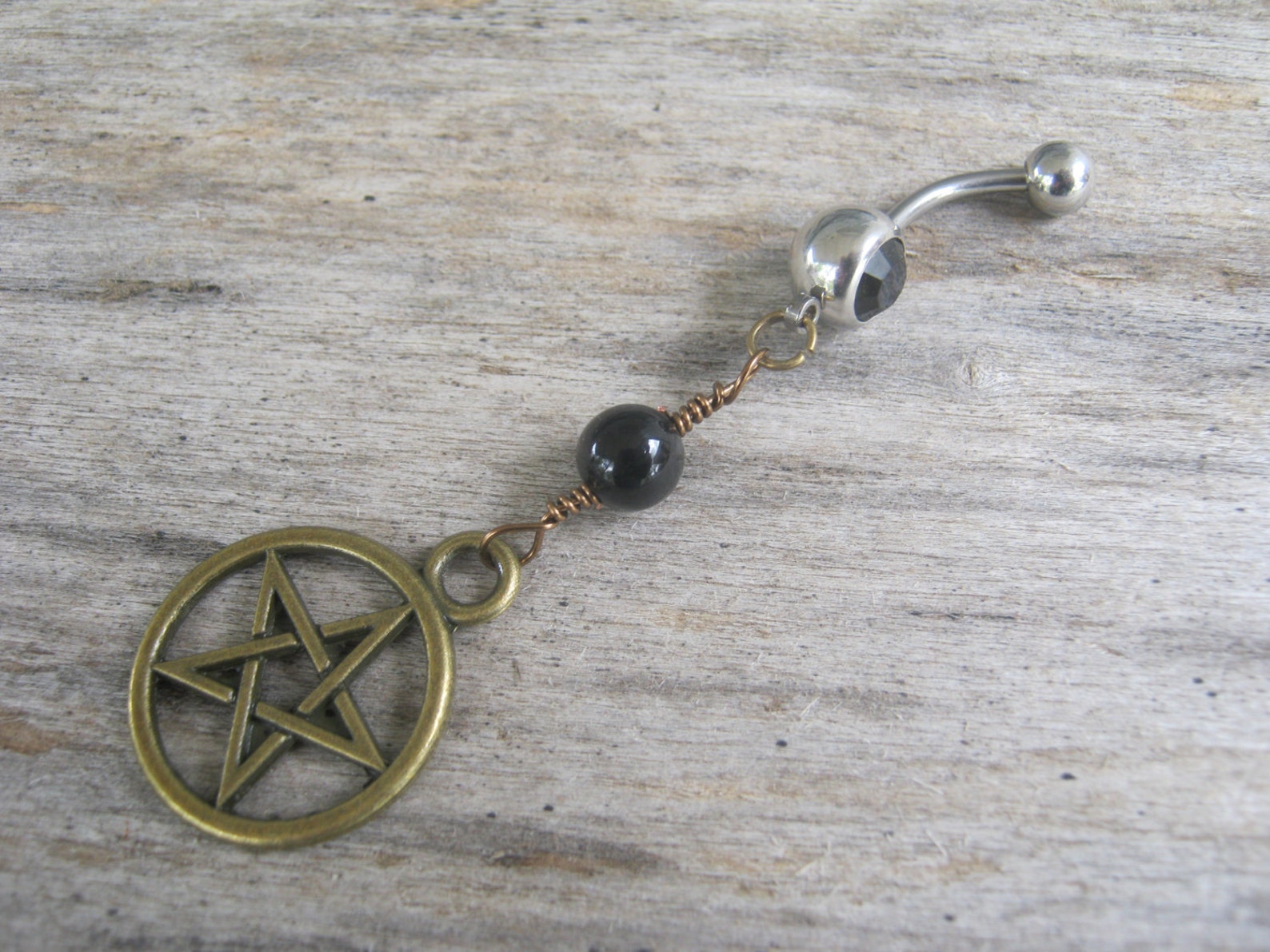 Pentacle Belly Ring, BRONZE Agate Belly Button Ring, Birthstone Navel ...