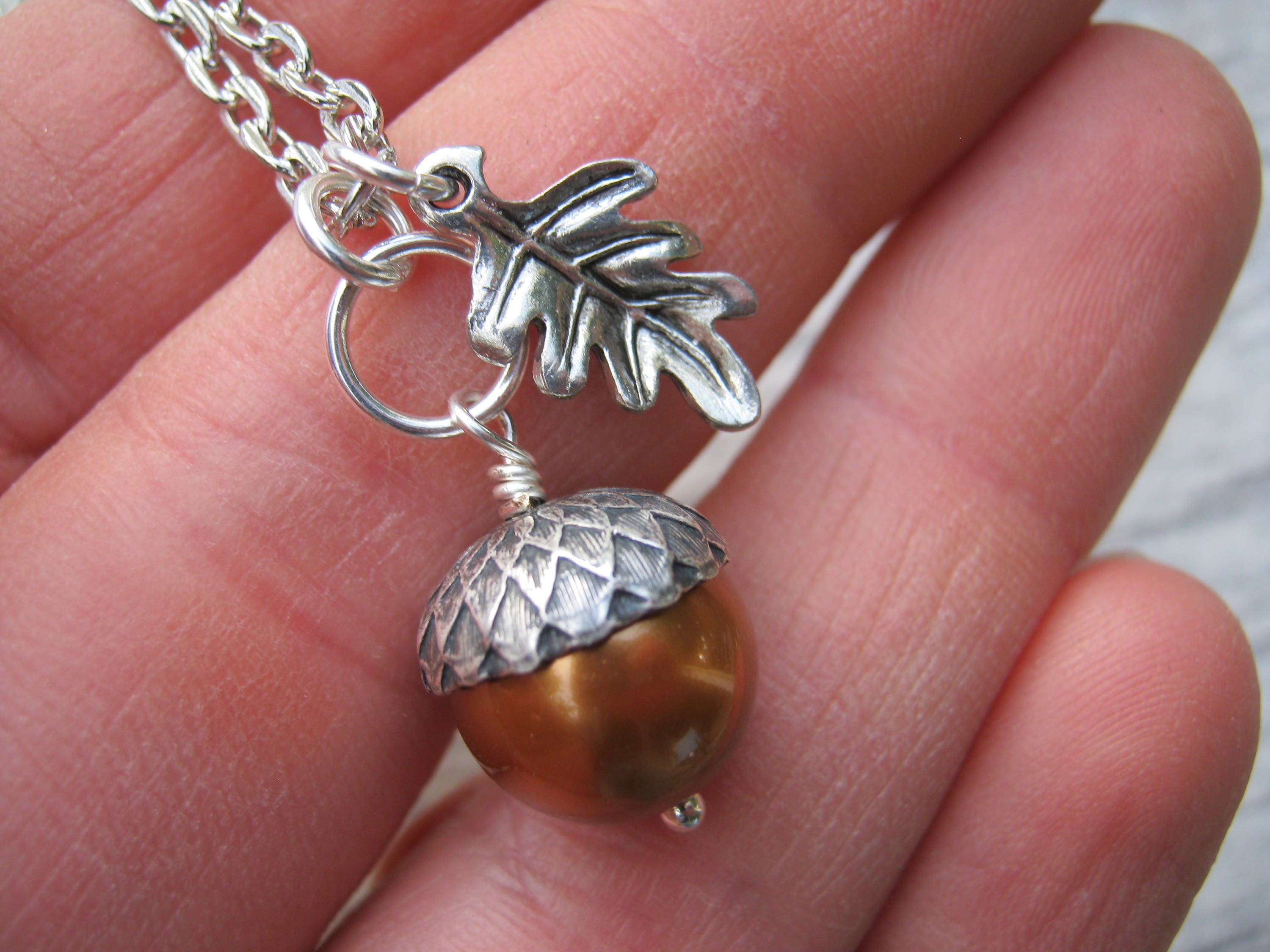 Personalized Acorn Necklace, Pearl Necklace, SMALL Oak Leaf, Antiqued ...