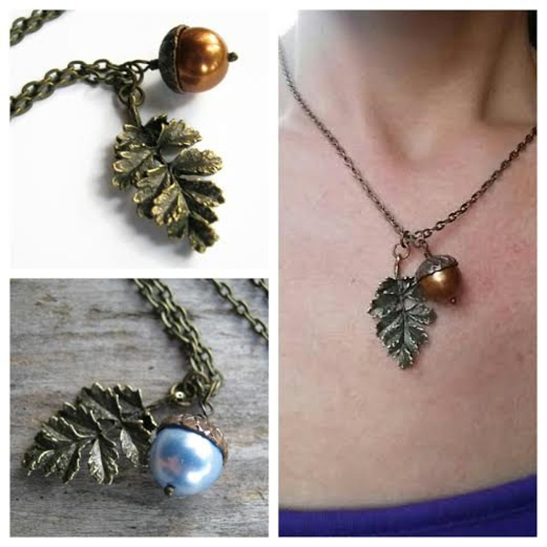 Personalized Acorn Necklace, Pearl Necklace, Antiqued Bronze Jewelry ...
