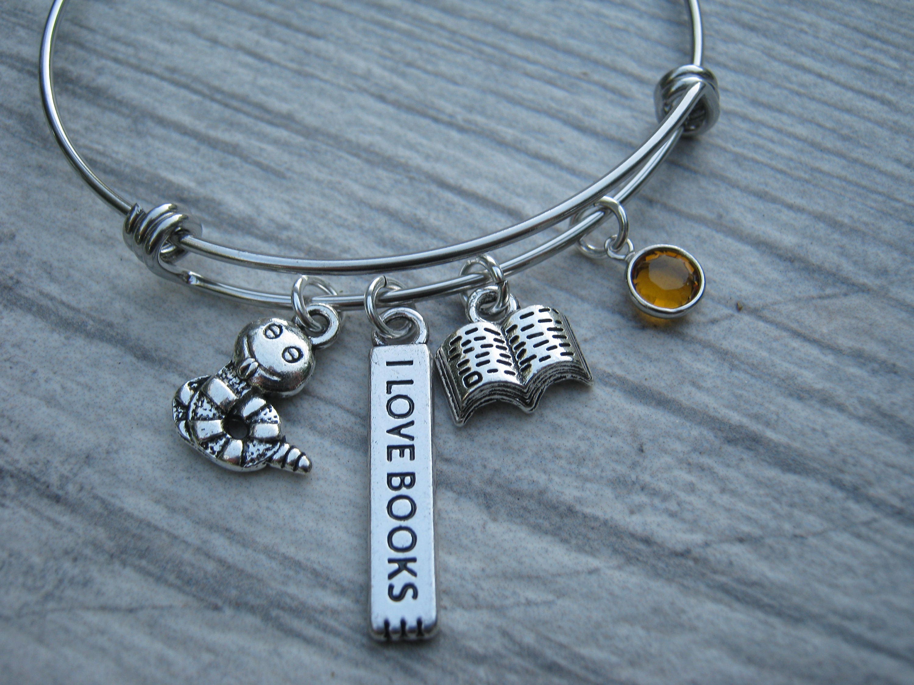Personalized Bookworm Bracelet, Expandable Bangle Bracelet, Stainless ...