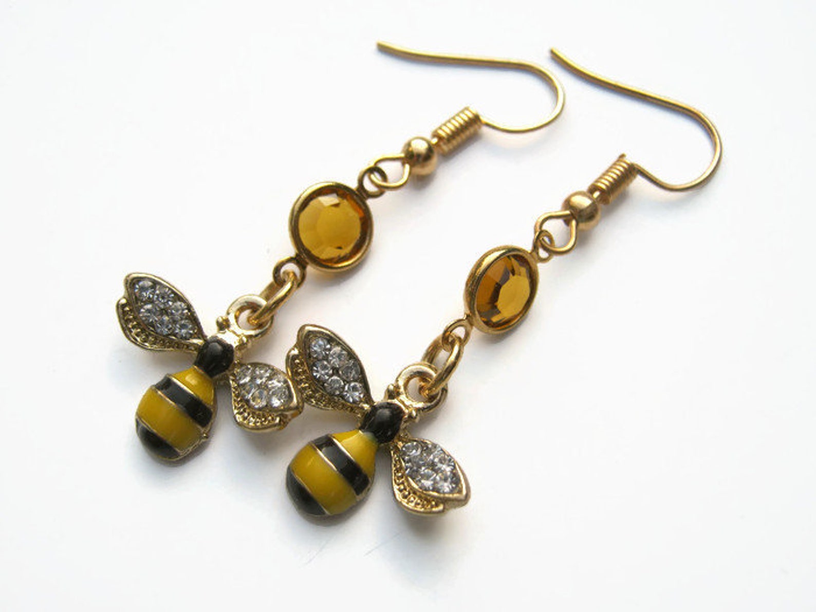 Enameled Bee Birthstone Earrings, GOLD Tone Queen Bee With Rhinestones ...