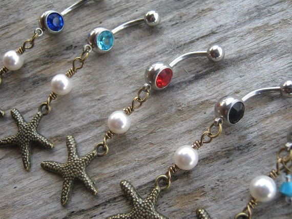 Starfish Belly Ring BRONZE Designer Pearl Belly Button Ring Nautical Piercing Beach Body Jewelry Choose Your Pearl Barbell Color Etsy