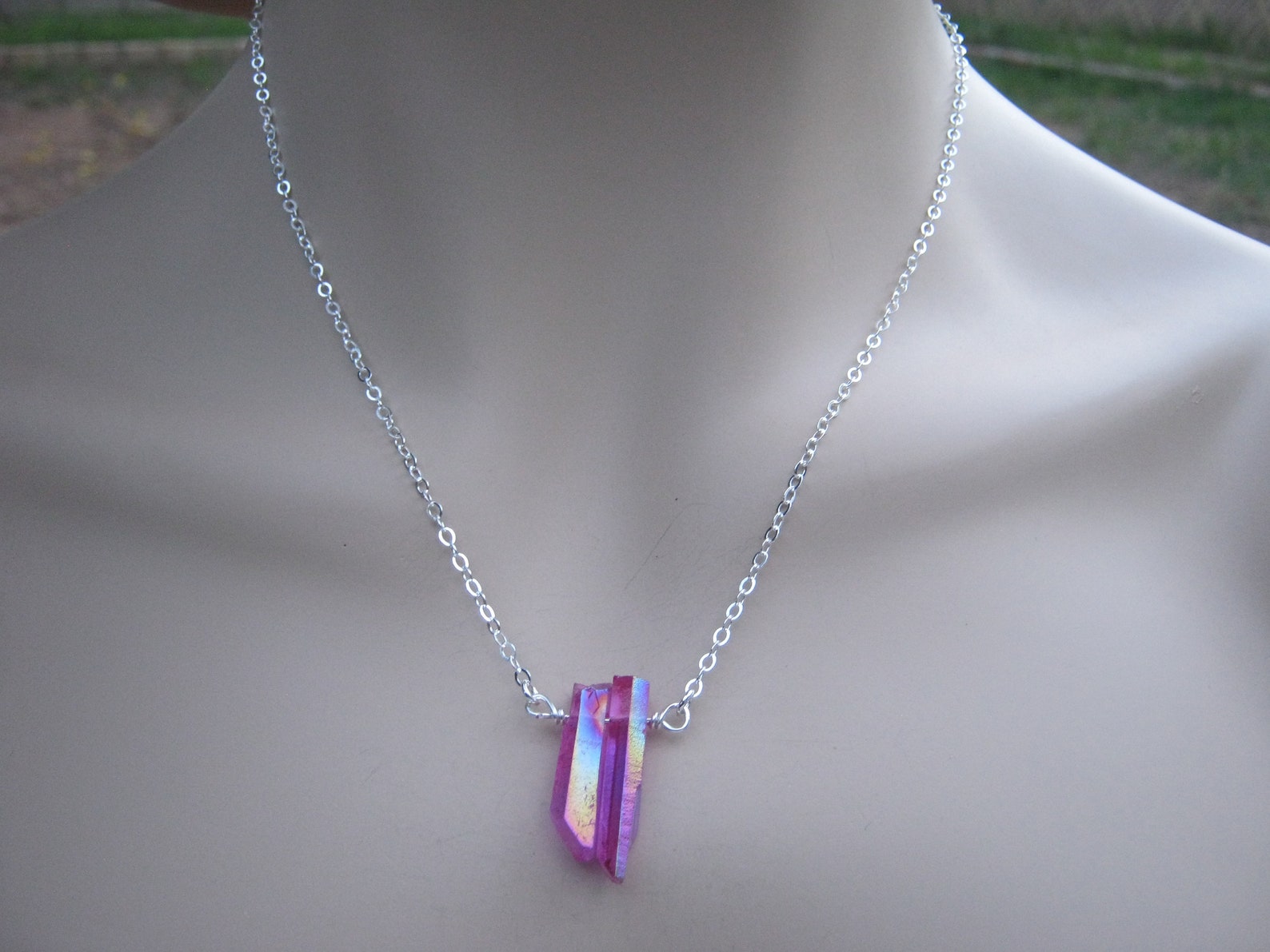 Purple Titanium Quartz Crystal Necklace, 18" 925 Sterling Silver ...