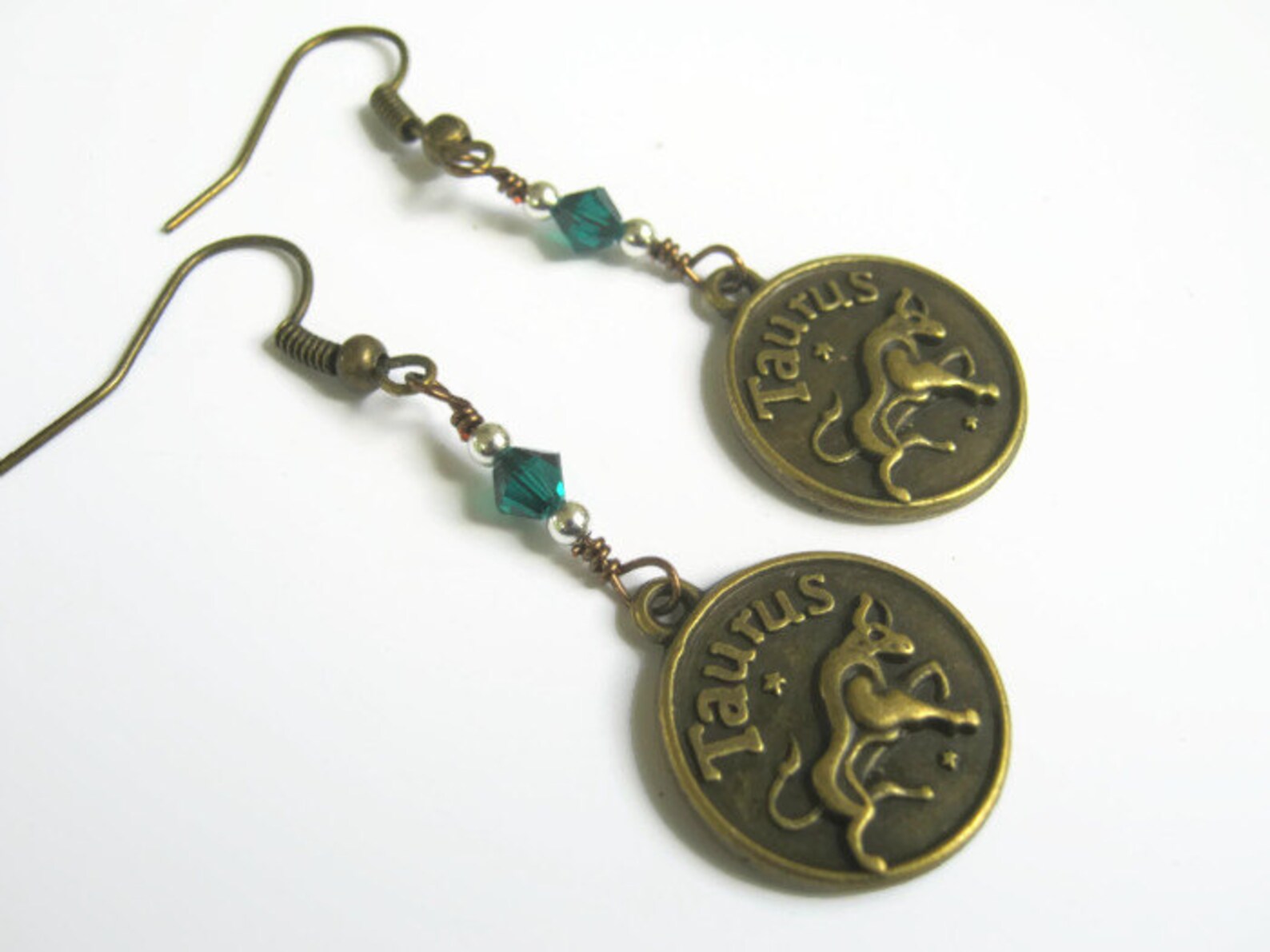 Personalized Taurus Earrings BRONZE Zodiac Earrings Emerald | Etsy