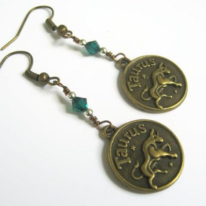 Personalized Taurus Earrings, BRONZE Zodiac Earrings, Emerald Diamond Earrings, Astrology ...