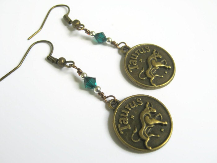 Personalized Taurus Earrings BRONZE Zodiac Earrings Emerald - Etsy