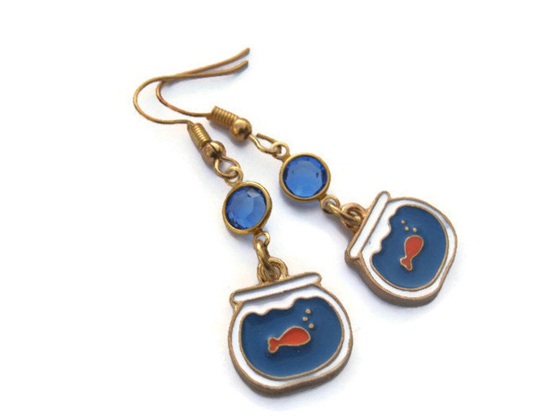 Fish Tank Birthstone Earrings, GOLD Tone Fish Bowl Earrings, Enamel ...