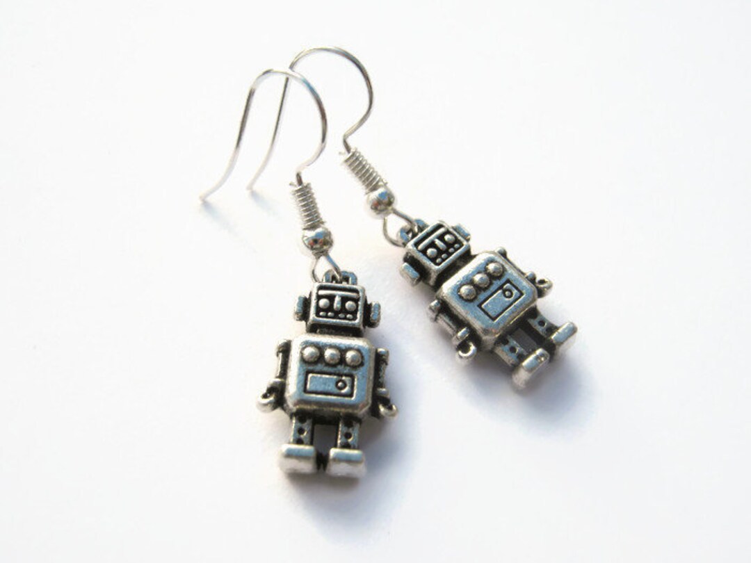 Robot Earrings, Robotic Machine Earrings, Antiqued Silver, Personalized ...
