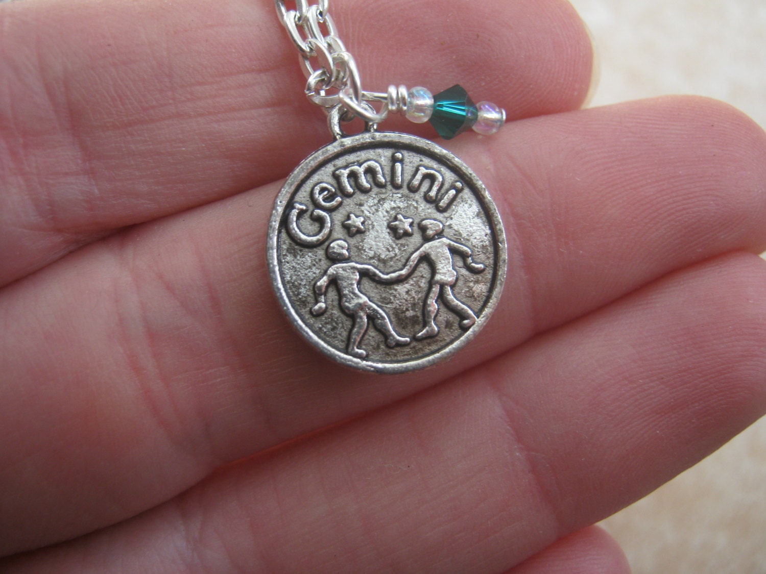 Zodiac Gemini Charm Necklace May June Birthstone Emerald or | Etsy