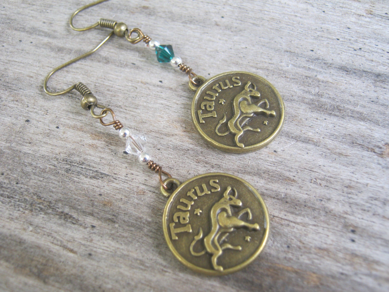 Personalized Taurus Earrings BRONZE Zodiac Earrings Emerald - Etsy