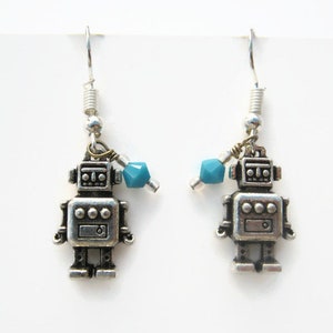 Robot Earrings, Robotic Machine Earrings, Antiqued Silver, Personalized ...