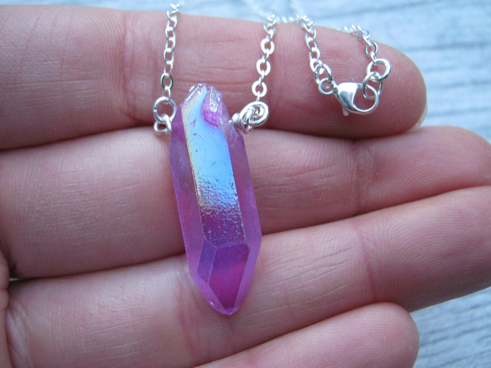 Purple Titanium Quartz Crystal Necklace, 20" 925 Sterling Silver ...