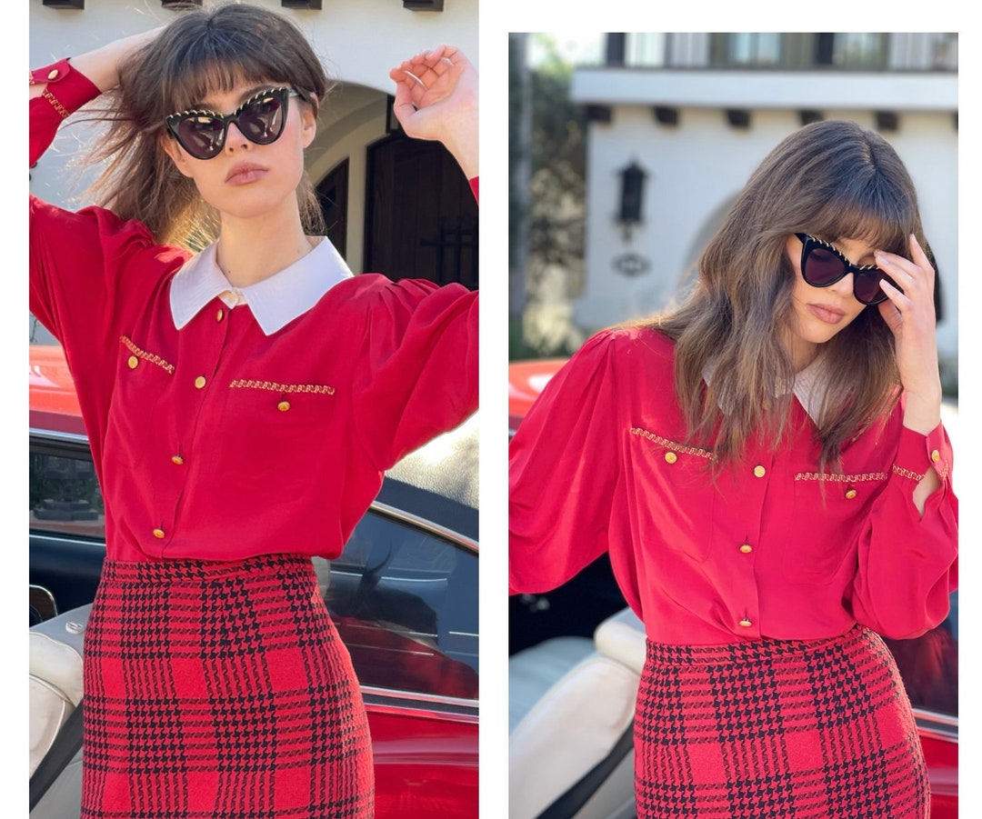 Librarian Chic Red Silk Designer Blouse Paris French Girl S M - Etsy