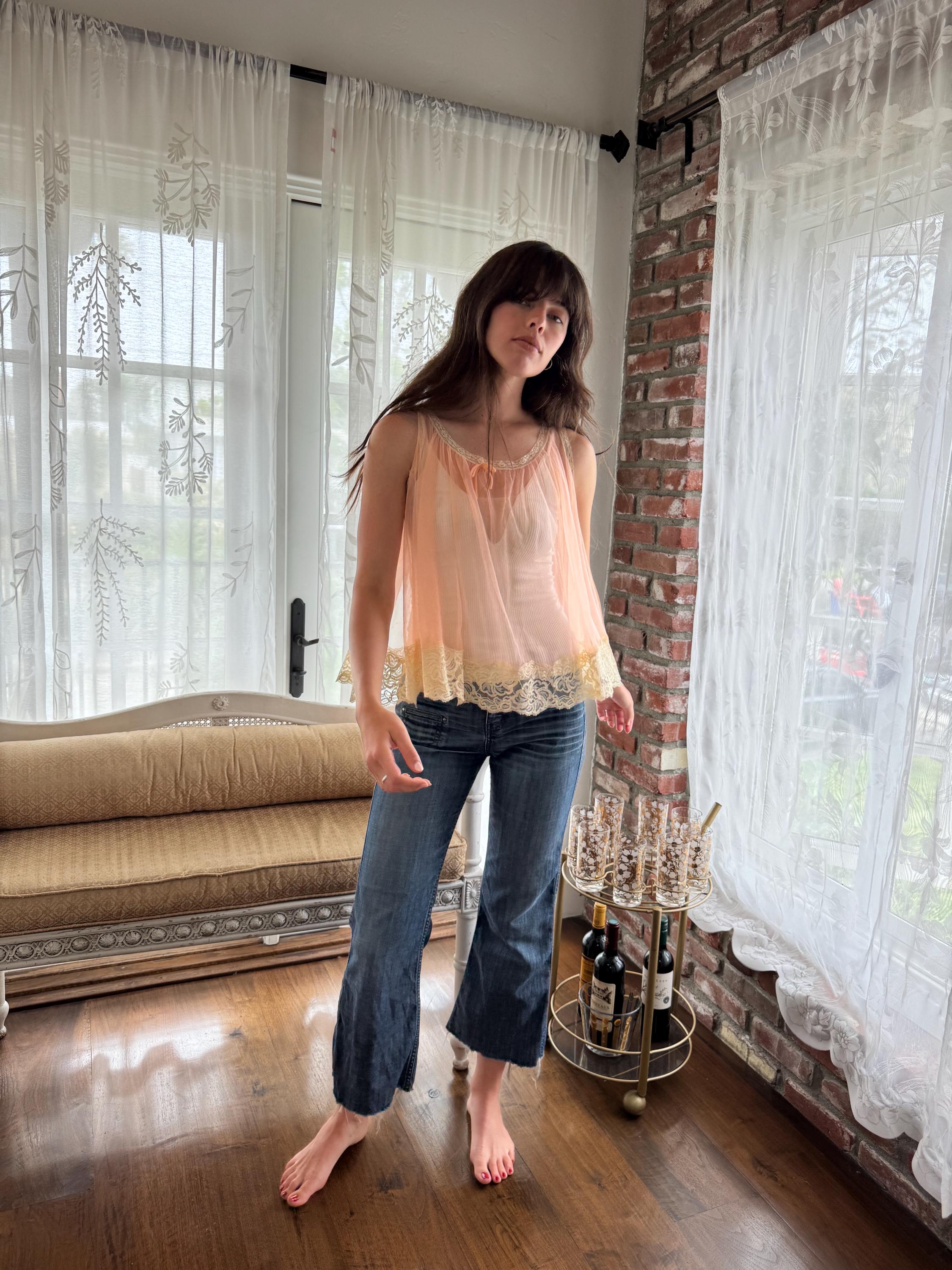 60s Negligee Sheer Babydoll Ballet Pink Lace Blouse Top Bed Jacket S M ...