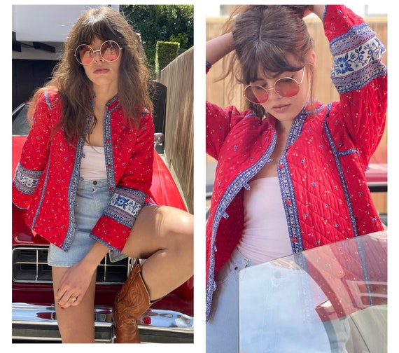 70s Cottage Core Quilted Jacket Red Cute Details S M - Gem