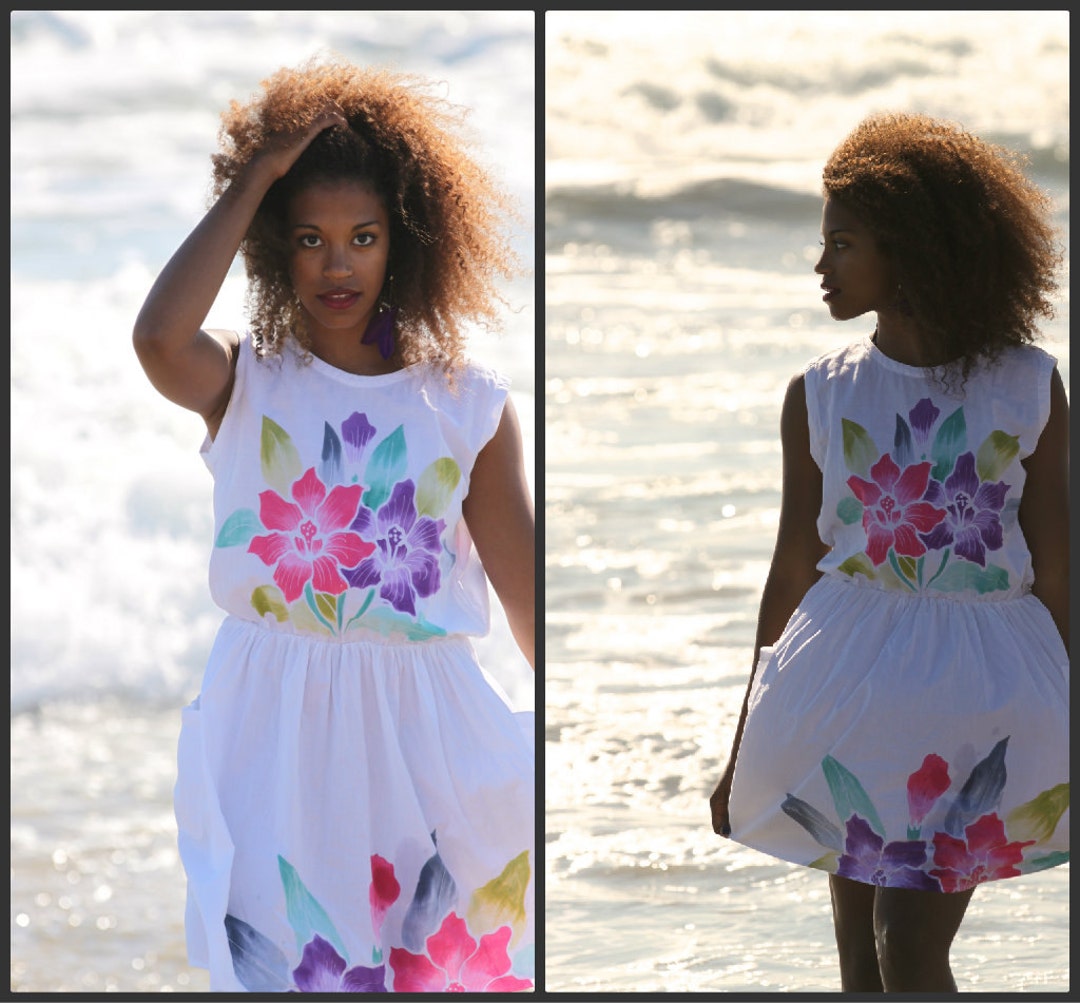 Vintage 80s Floral Beach dress-Mini vestido Boho Hippie coqueto airy-xs ...